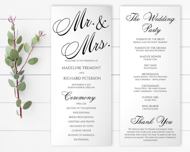 Mr and Mrs Wedding Program Template Tea Length Program | Etsy