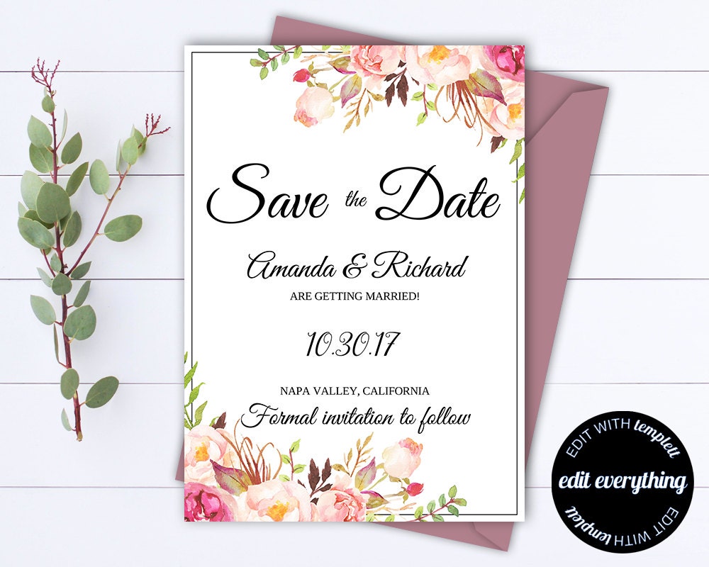 Pink Floral Save The Date Wedding Template Pink Floral Save Etsy