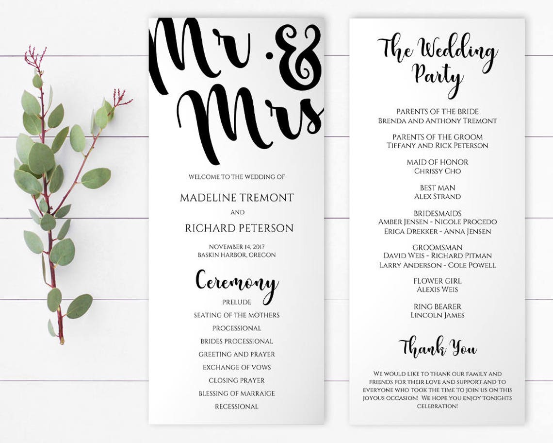 Mr and Mrs Wedding Program Template Tea Length Program | Etsy