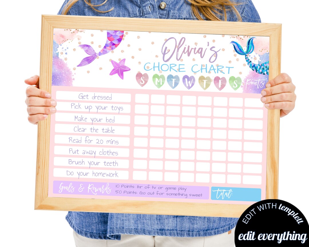 Editable Mermaid Chore Chart Mermaid Kids Chore Chart Mermaid Weekly ...