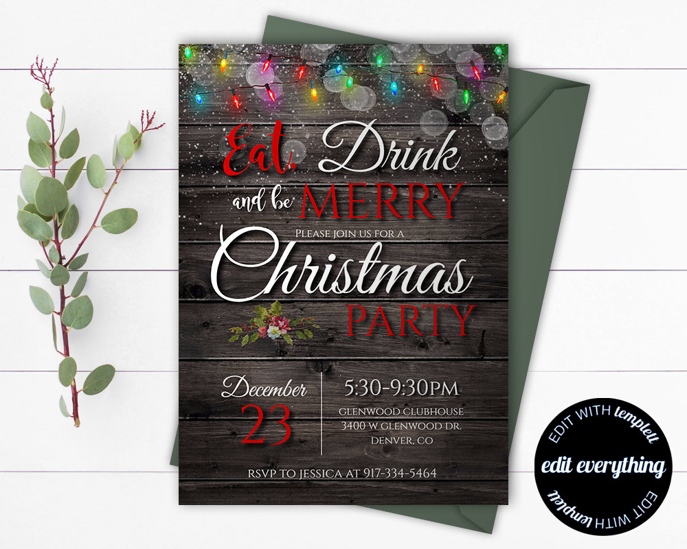 Rustic Christmas Party Invitation Template - Printable Christmas ...