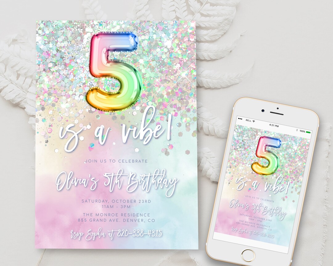 Five is a Vibe 5th Birthday Invitation Rainbow Glitter Birthday Invite ...