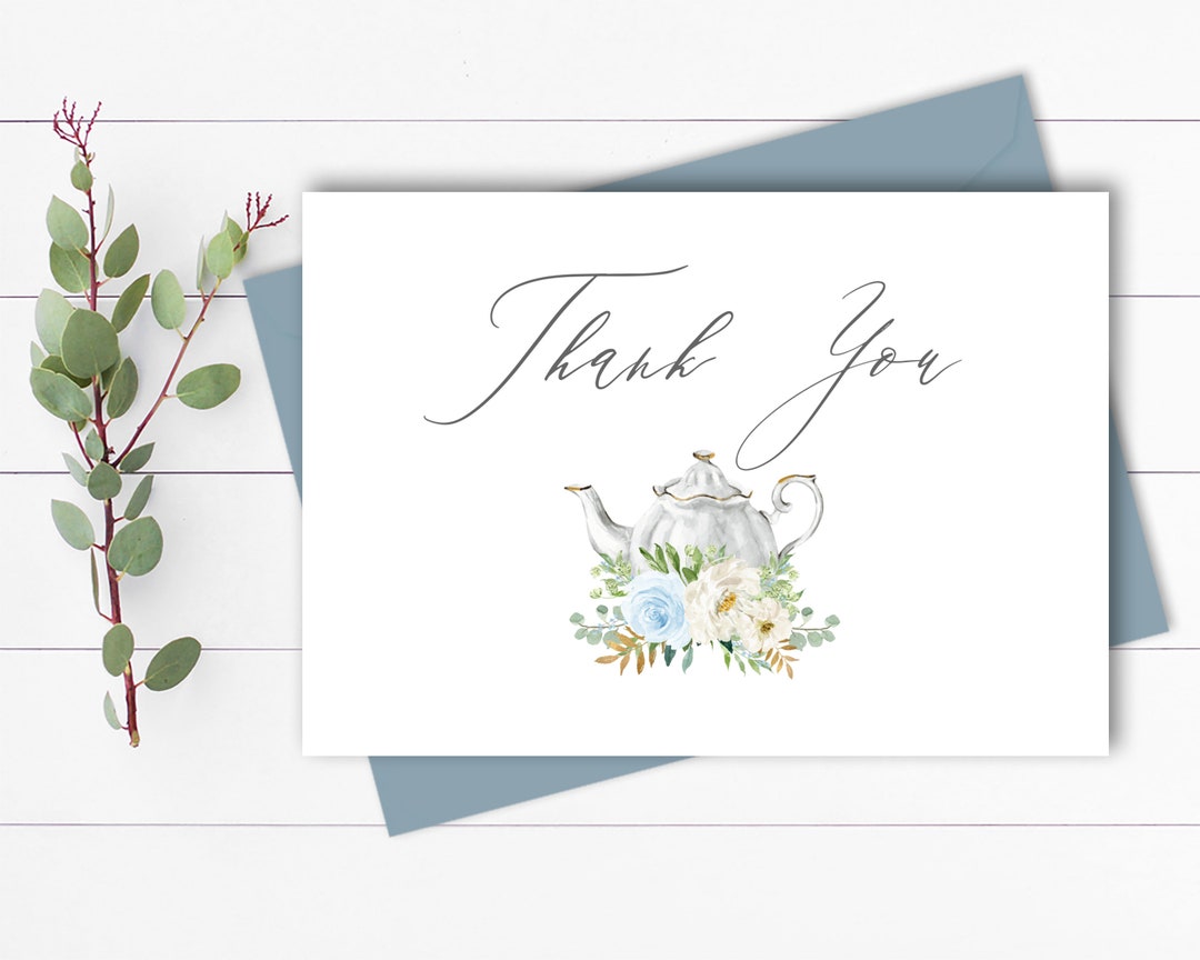 Blue Floral Thank You Card Template Tea Pot Thank You Card Template ...