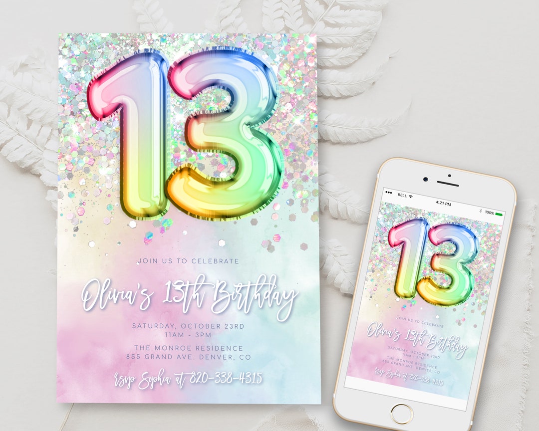 Editable 13th Birthday Invitation Template Rainbow Glitter Birthday ...
