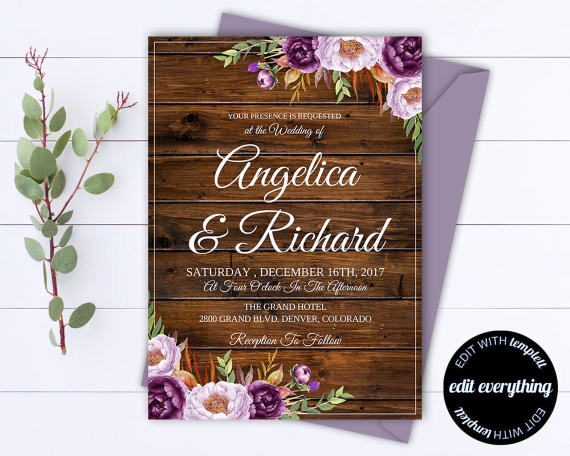 Rustic Floral Wedding Invitation Template Barn Wedding | Etsy