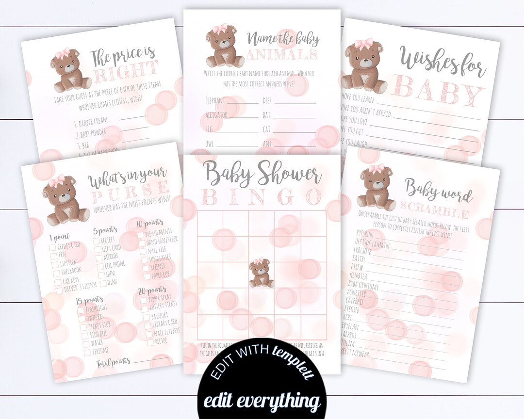 Pink Bear Baby Shower Games Printable Baby Shower Games Package Baby ...