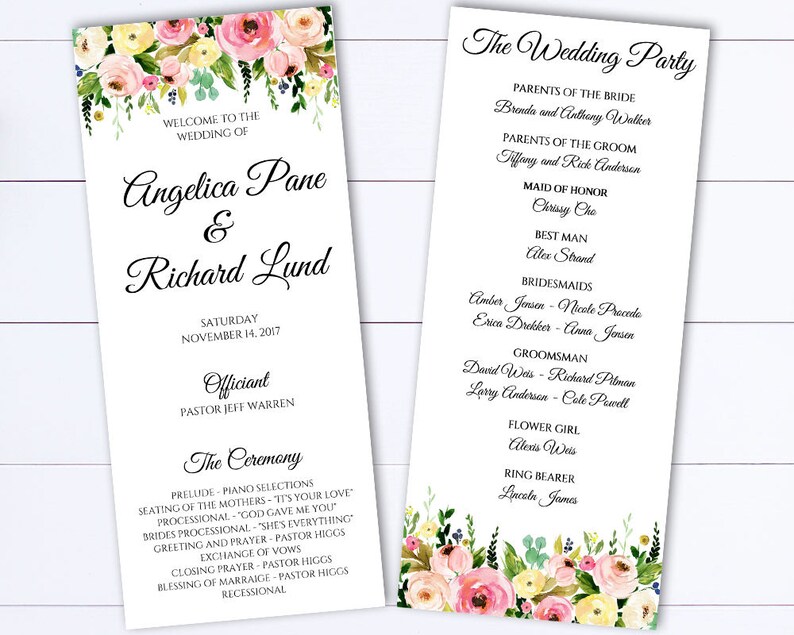 Tea Length Wedding Program Template - Floral Ceremony Program - Instant ...
