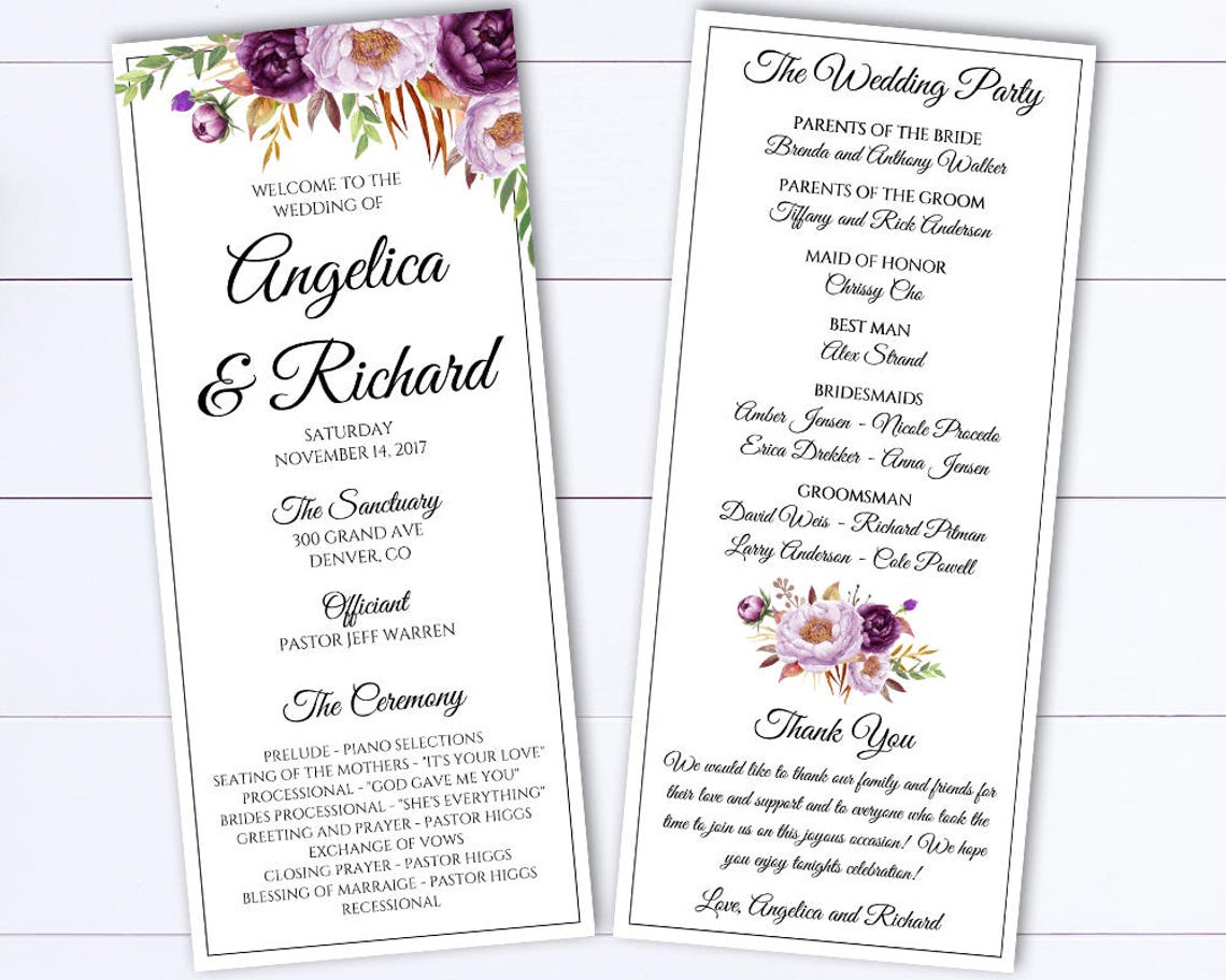 Tea Length Wedding Program Template Floral Ceremony Program - Etsy