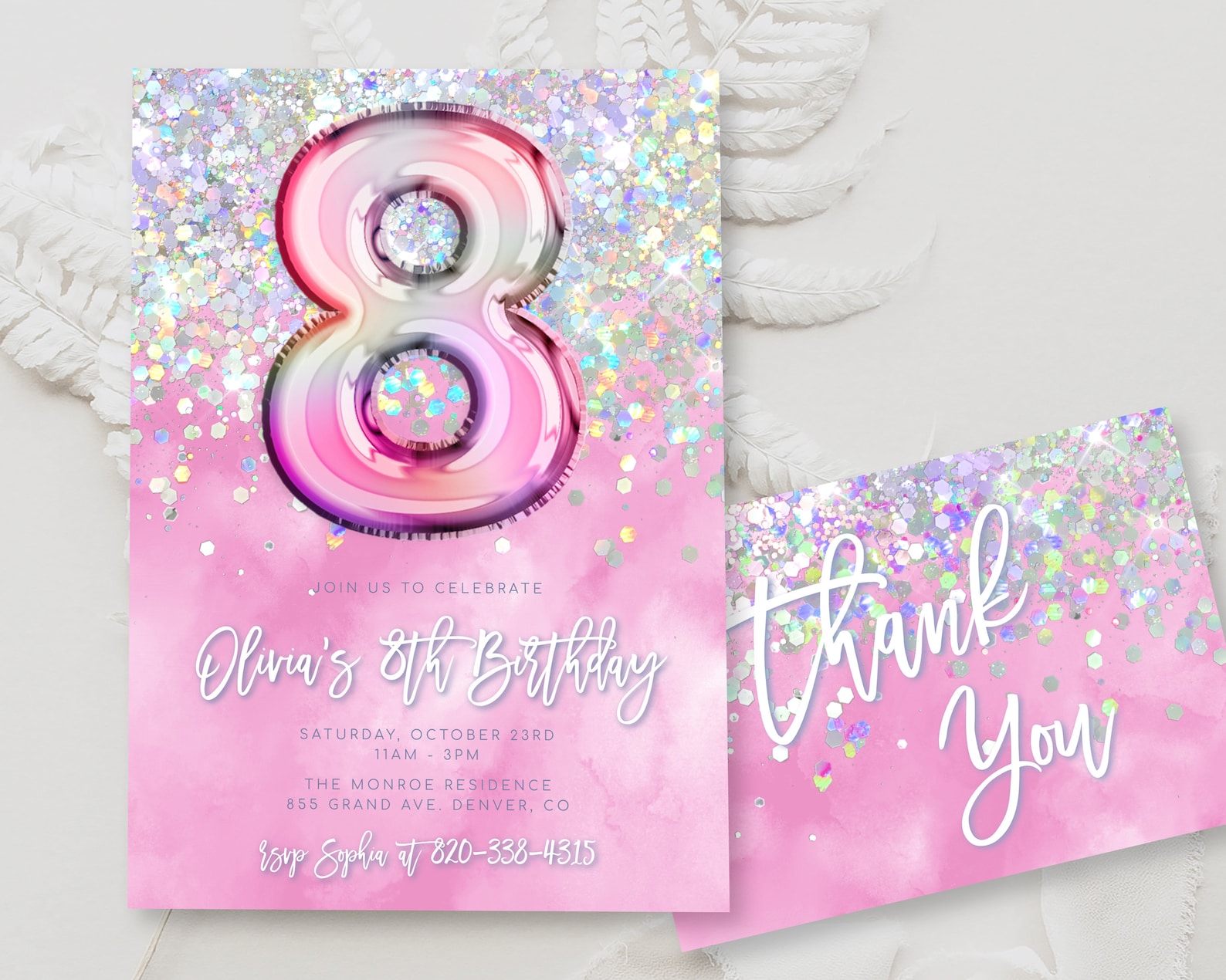 Editable Pink 8th Birthday Invitation Template Glitter Birthday Party ...