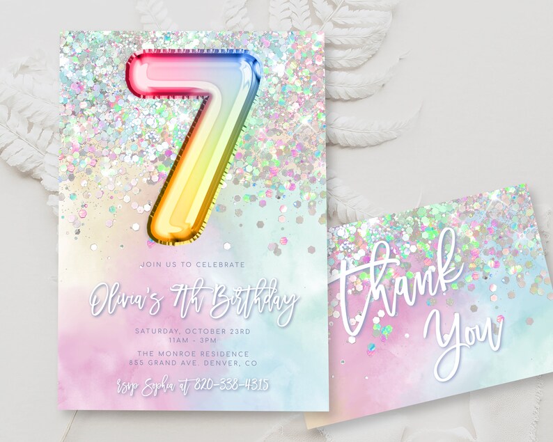 Editable 7th Birthday Invitation Template Rainbow Glitter - Etsy