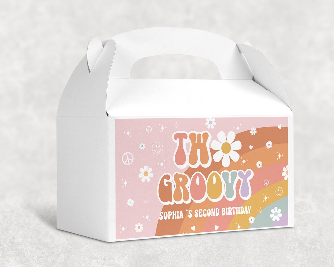 Editable Two Groovy Birthday Party Gable Box Favor Label Birthday Gift ...