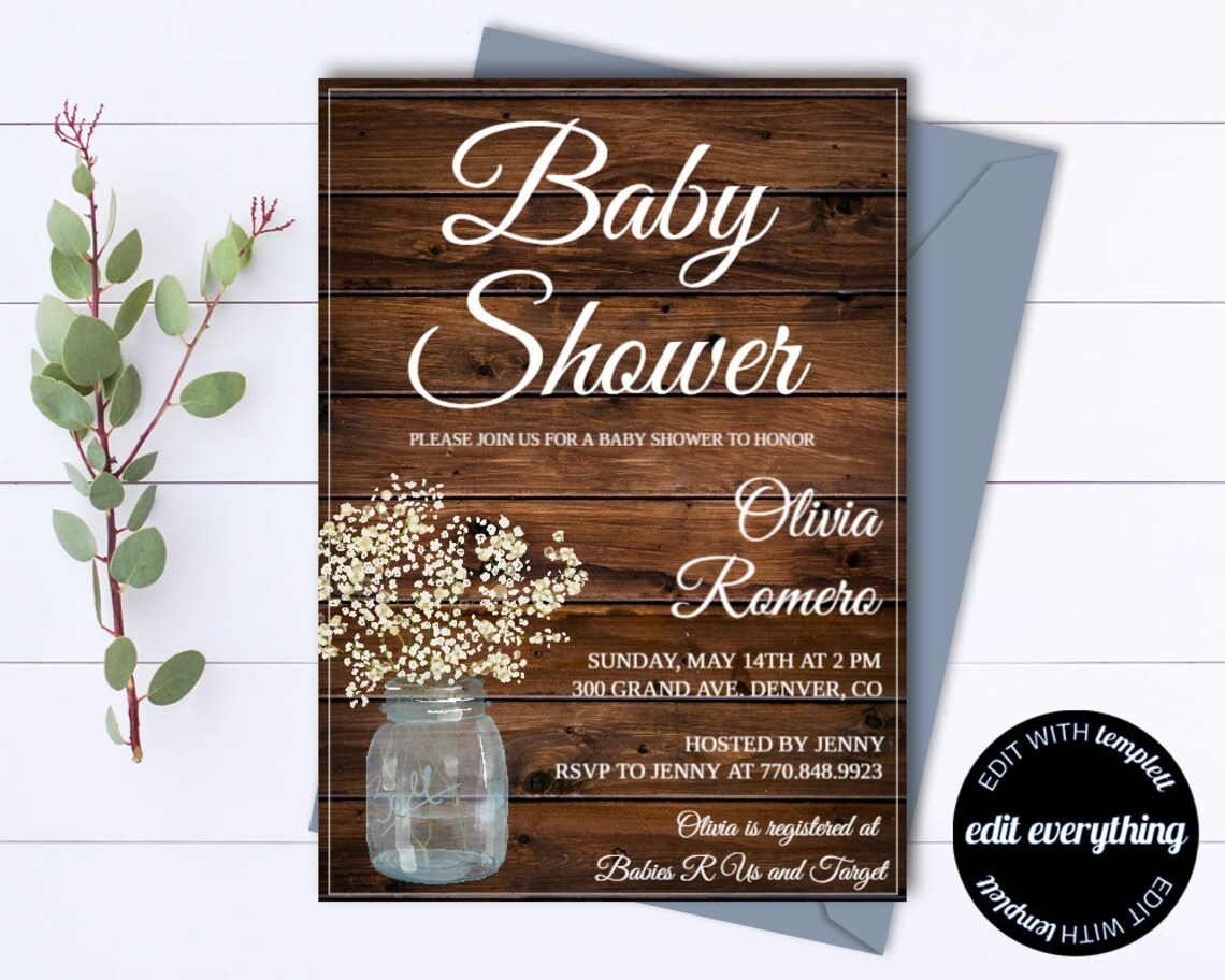Rustic Baby Shower Invitation Template Girl Baby Shower Invite - Etsy