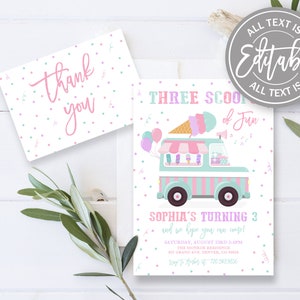 Editable Ice Cream Truck Birthday Party Invitation Template Three Scoops of Fun 3rd Birthday Ice ...