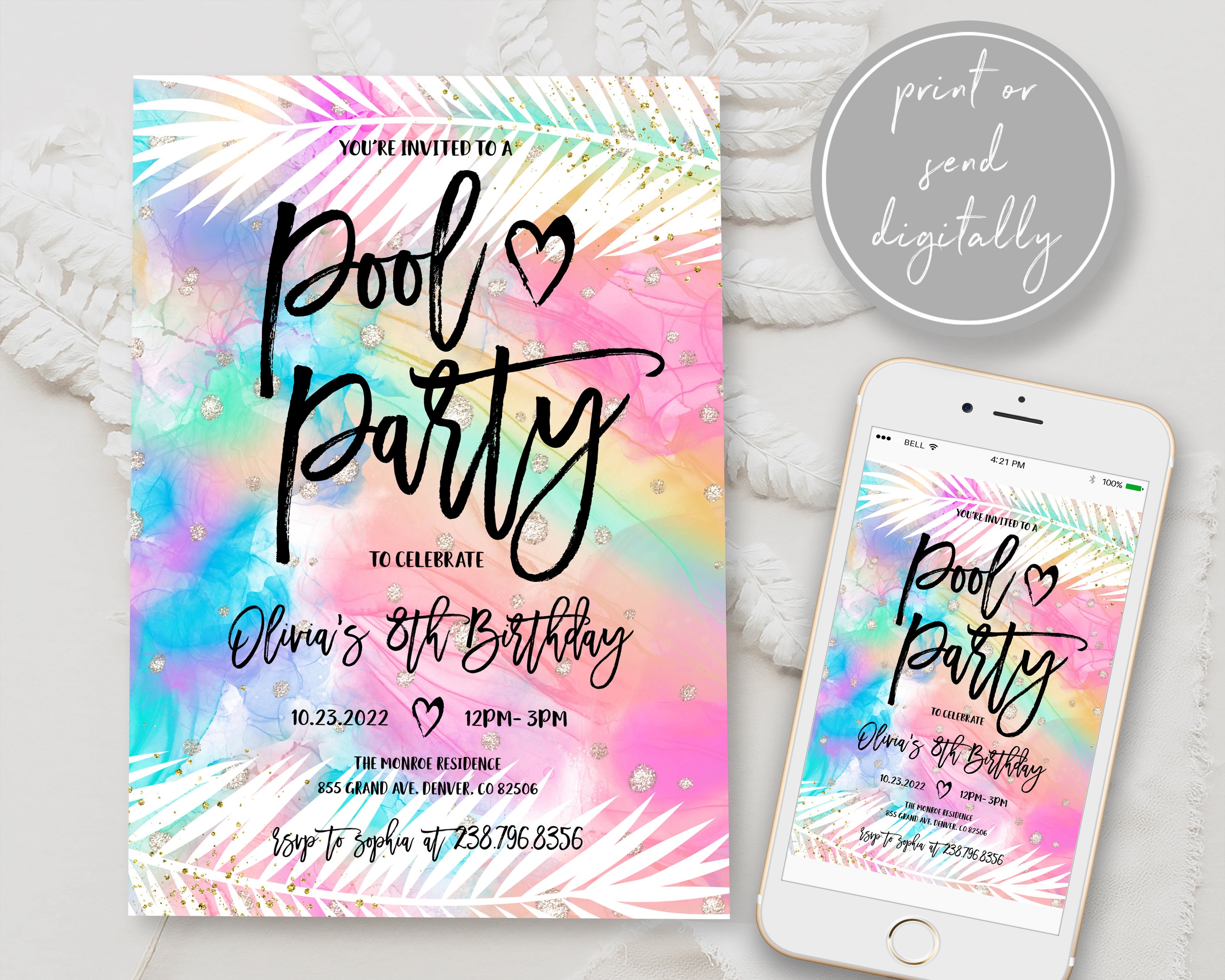 Editable Pool Party Invitation Template Pastel Rainbow Pool Birthday ...