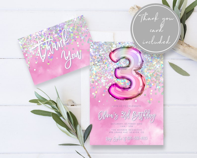 Editable Pink 3rd Birthday Invitation Template Glitter - Etsy