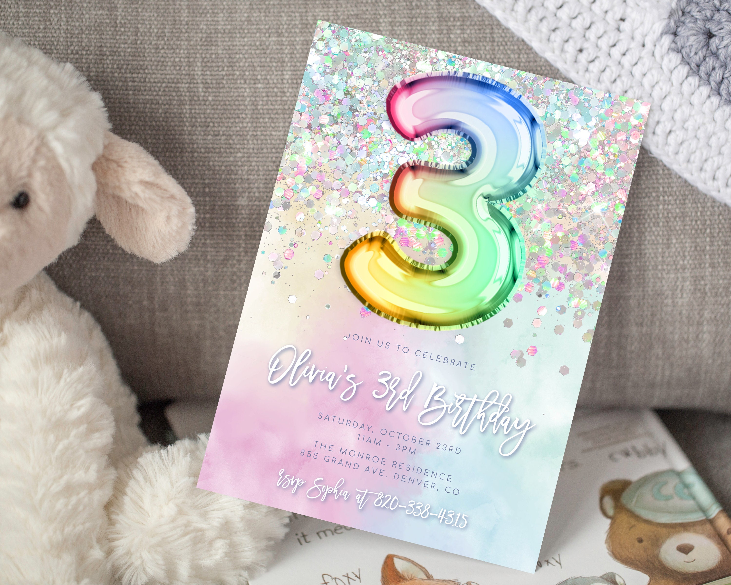 Editable 3rd Birthday Invitation Template Rainbow Glitter Birthday ...