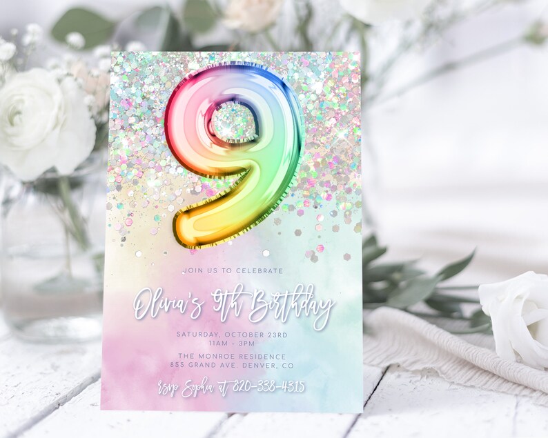 Editable 9th Birthday Invitation Template Rainbow Glitter - Etsy
