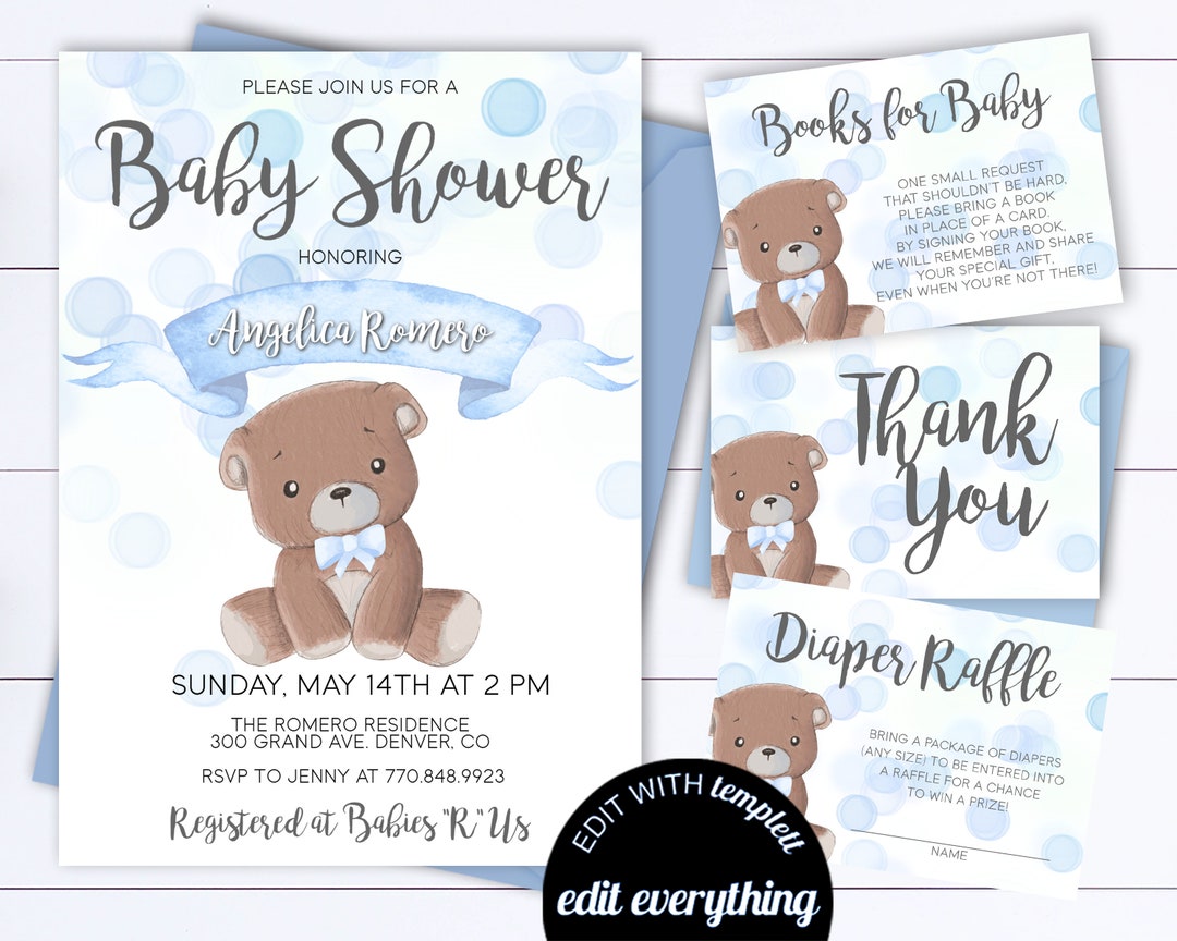 Blue Bear Baby Shower Invitation Bear Baby Shower Invite Woodland Baby ...