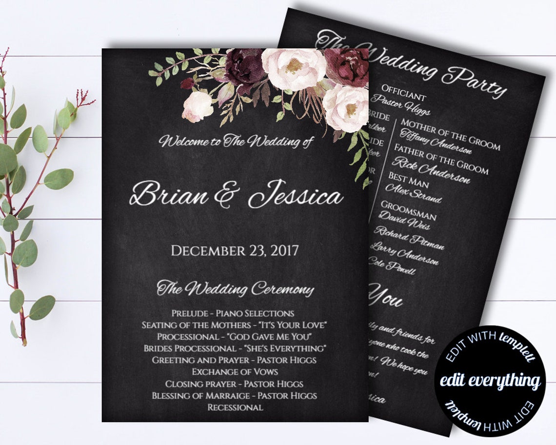 Floral Wedding Program Template Floral Program Floral - Etsy