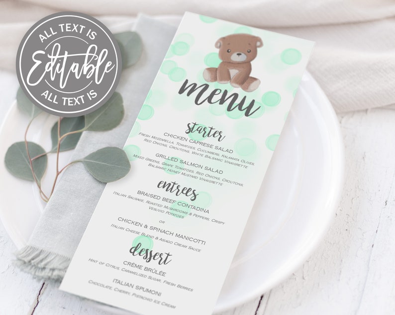 Bear Baby Shower Menu Template Bear Menu Cards Teddy Bear - Etsy