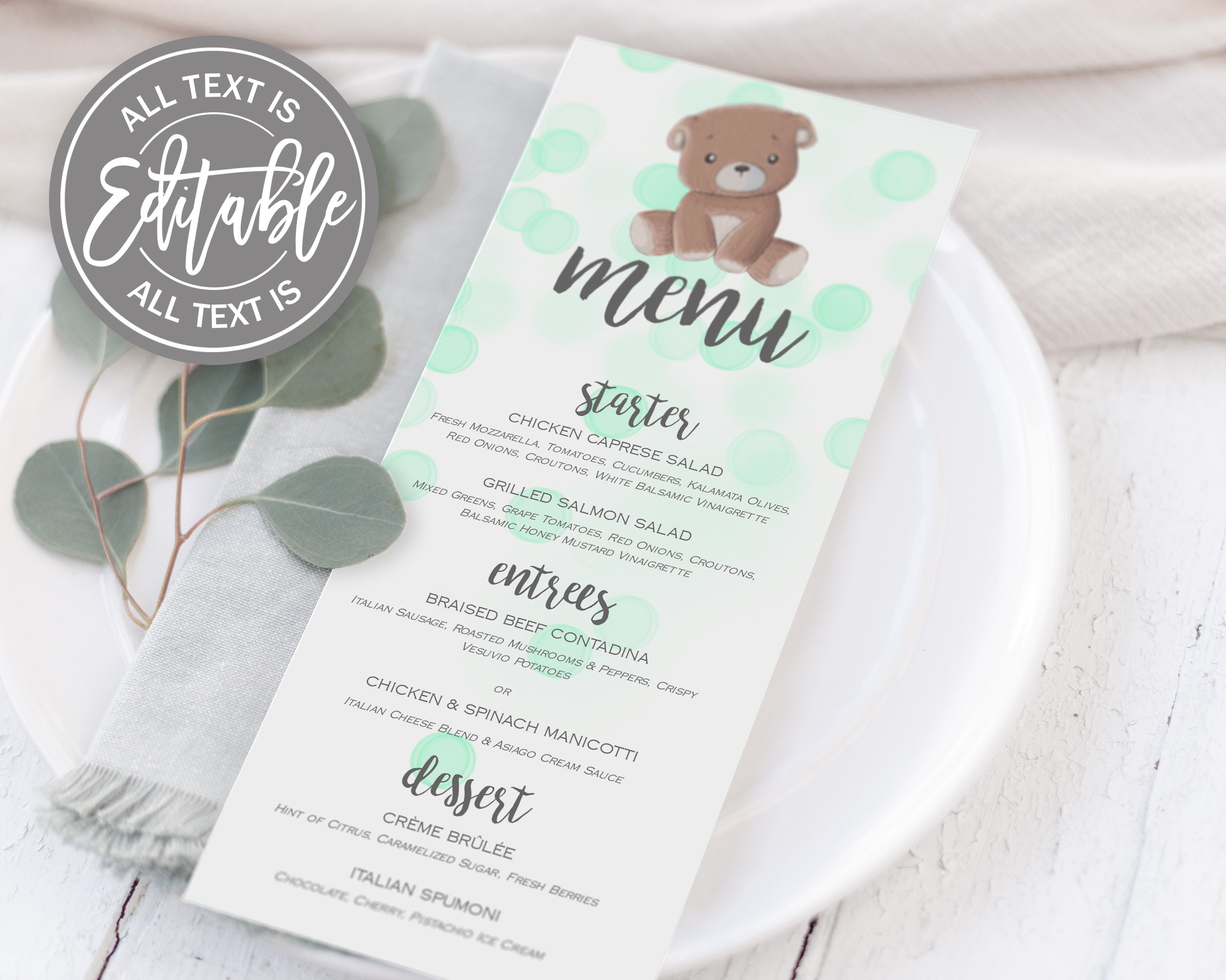 Bear Baby Shower Menu Template Bear Menu Cards Teddy Bear - Etsy
