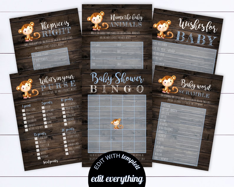 Monkey Baby Shower Games Printable Baby Shower Games Package Baby ...