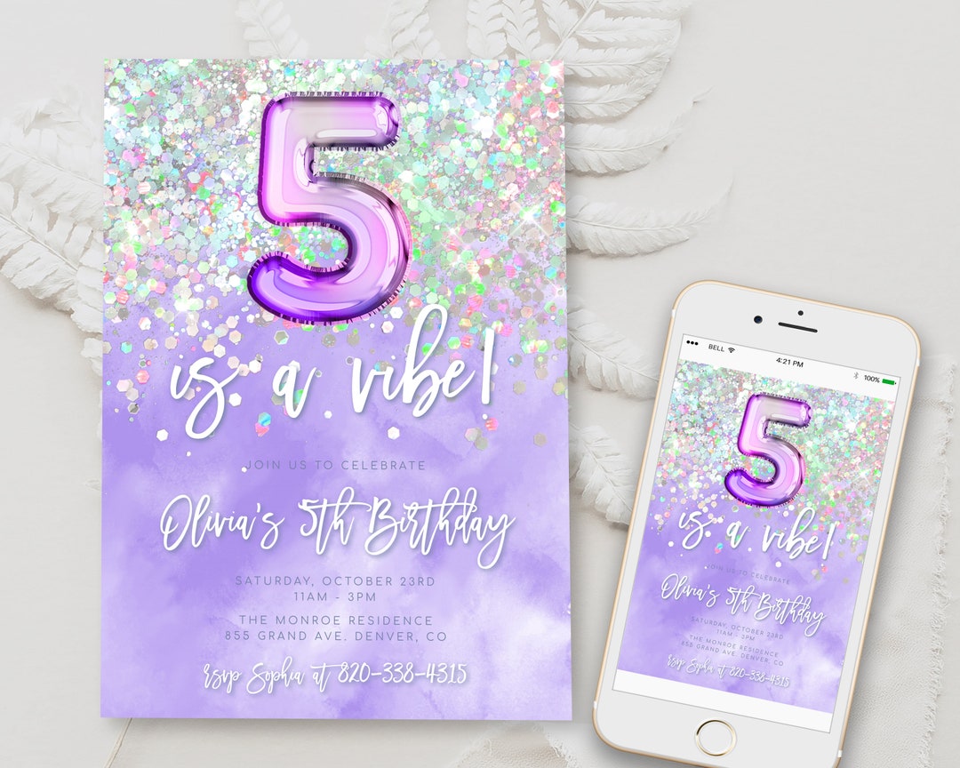 Five is a Vibe 5th Birthday Invitation Confetti Glitter Birthday Invite ...