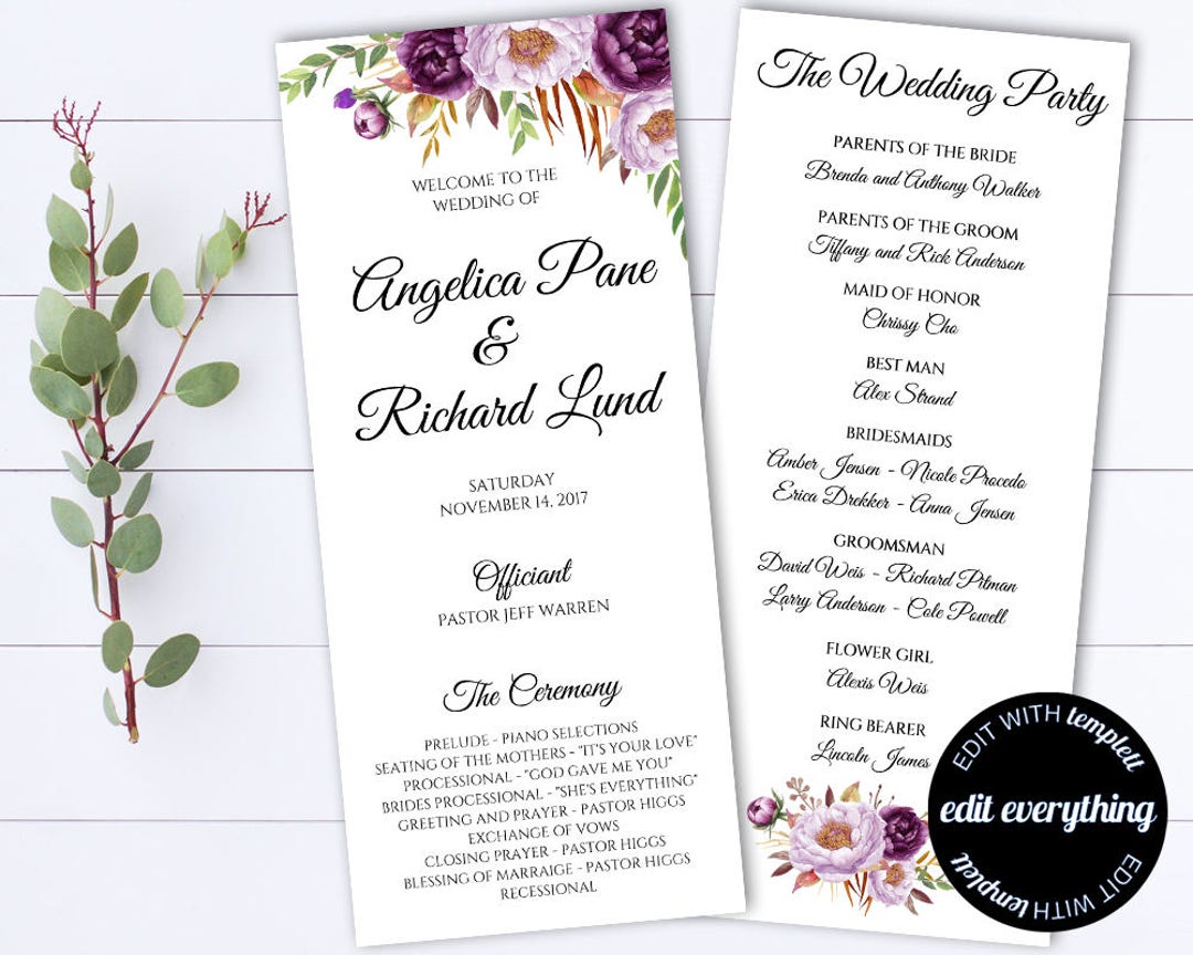 Purple Floral Tea Length Wedding Program Template Floral - Etsy