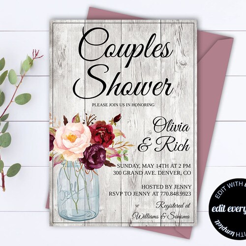 Couples Shower Invitation Printable Rustic Wedding Templates - Etsy