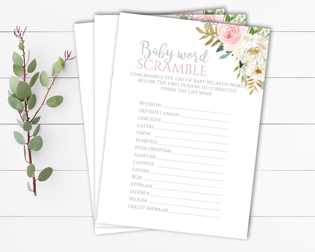 Pink Floral Baby Word Scramble Baby Shower Games Peach Floral Word ...
