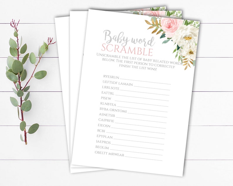 Pink Floral Baby Word Scramble Baby Shower Games Peach Floral Word ...
