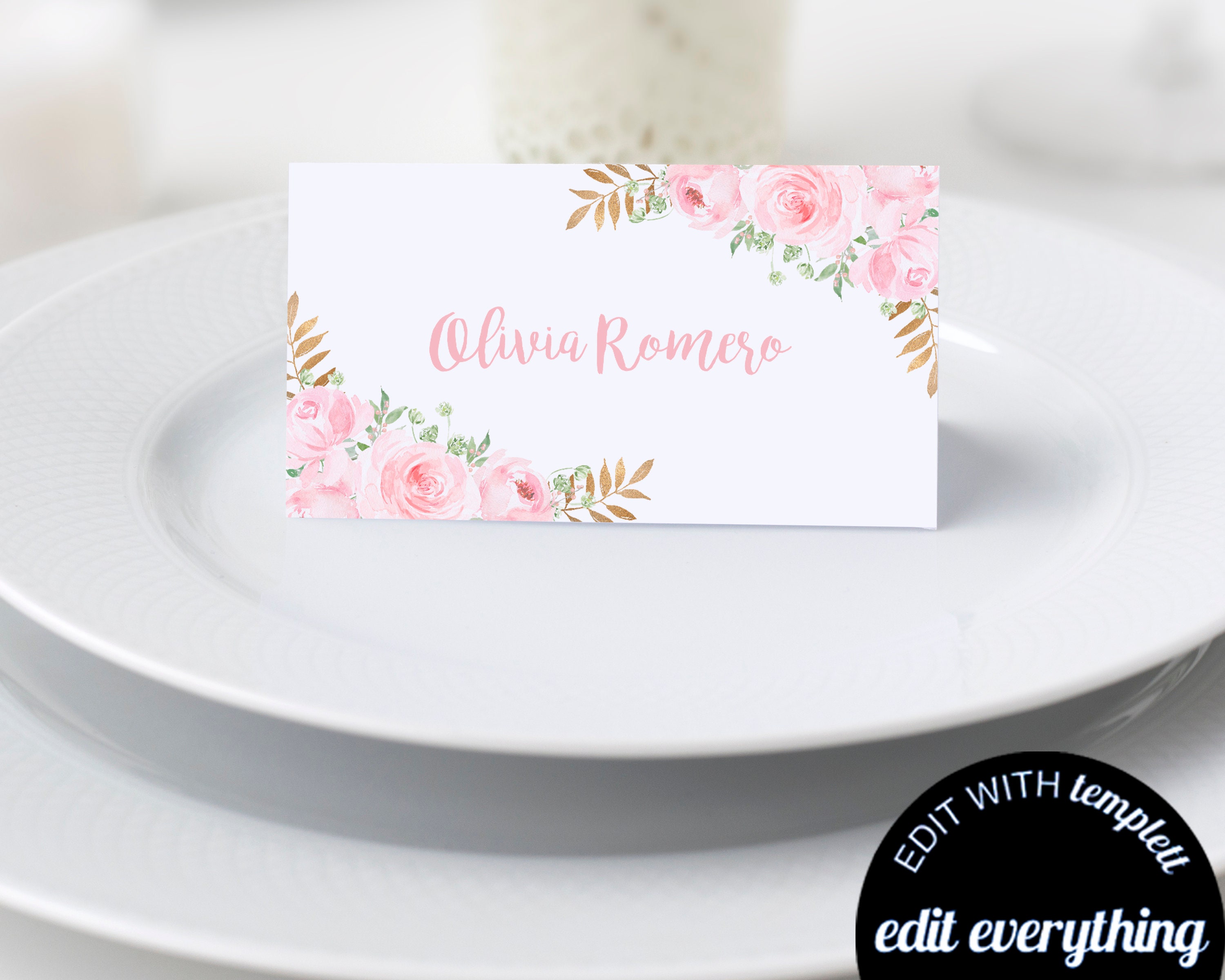 Pink Floral Place Cards Template Printable Place Card Template | Etsy
