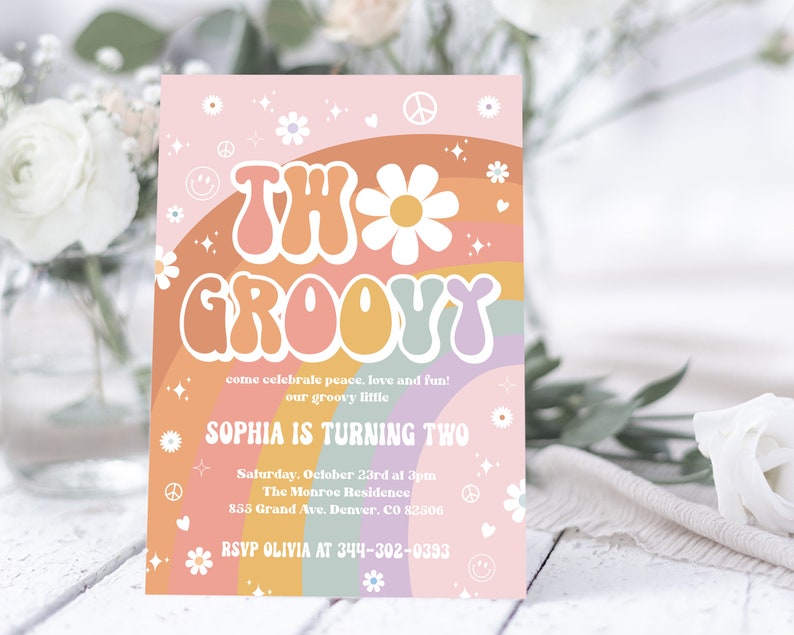 Editable Two Groovy Birthday Party Invitation Template Rainbow - Etsy