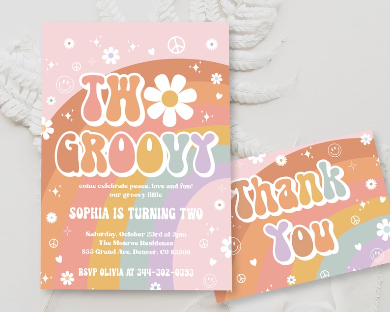 Editable Two Groovy Birthday Party Invitation Template Rainbow - Etsy