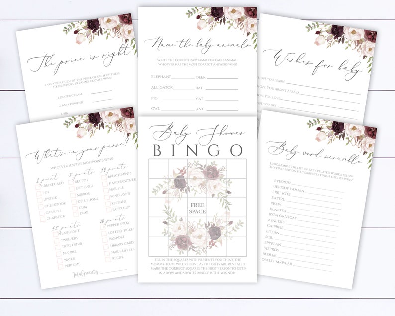 Floral Baby Shower Games Printable Baby Shower Games Package Baby ...