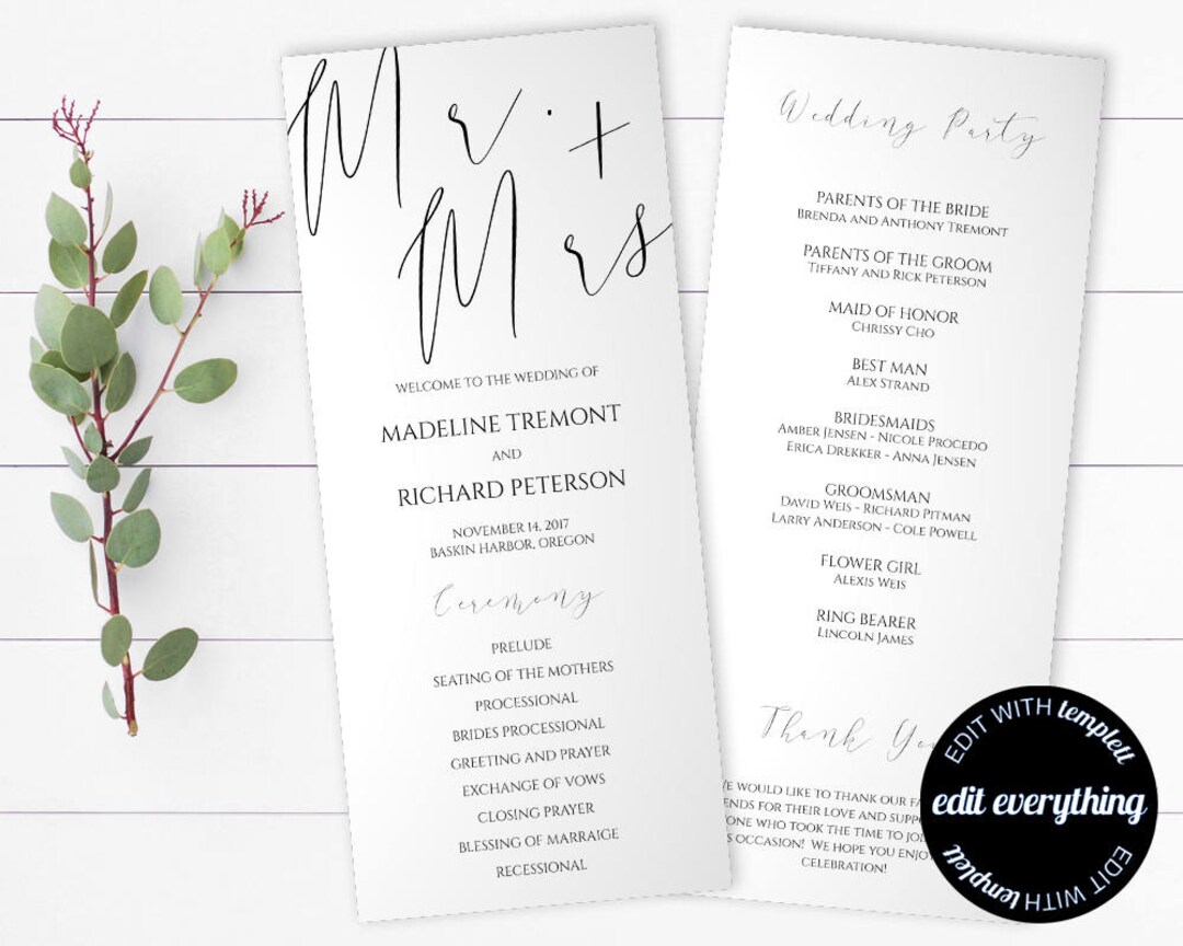 Mr and Mrs Wedding Program Template - Tea Length Program Template ...