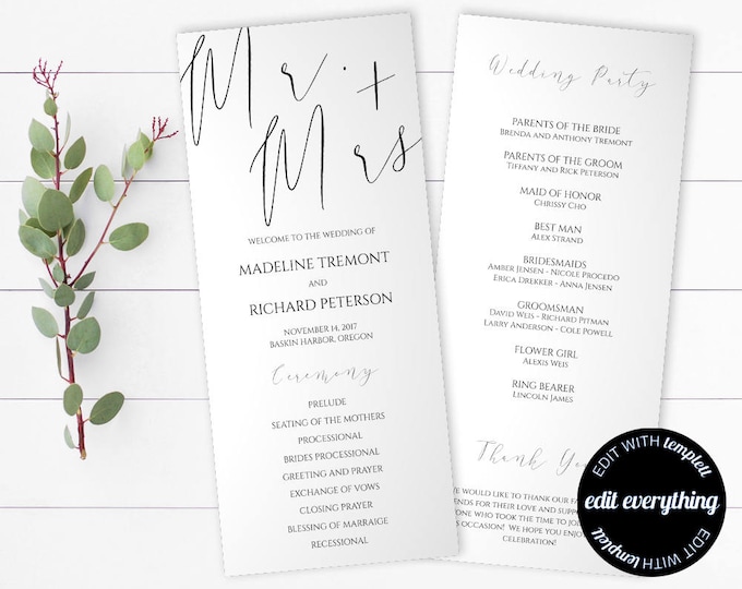 Mr & Mrs Printable Wedding Program Template, Black + White Ceremony ...