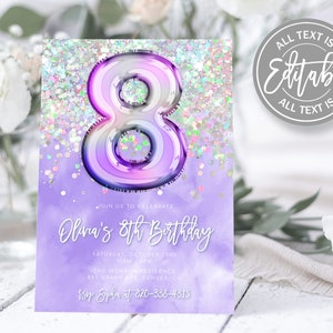 Editable Purple 8th Birthday Invitation Glitter Birthday Party Invite ...