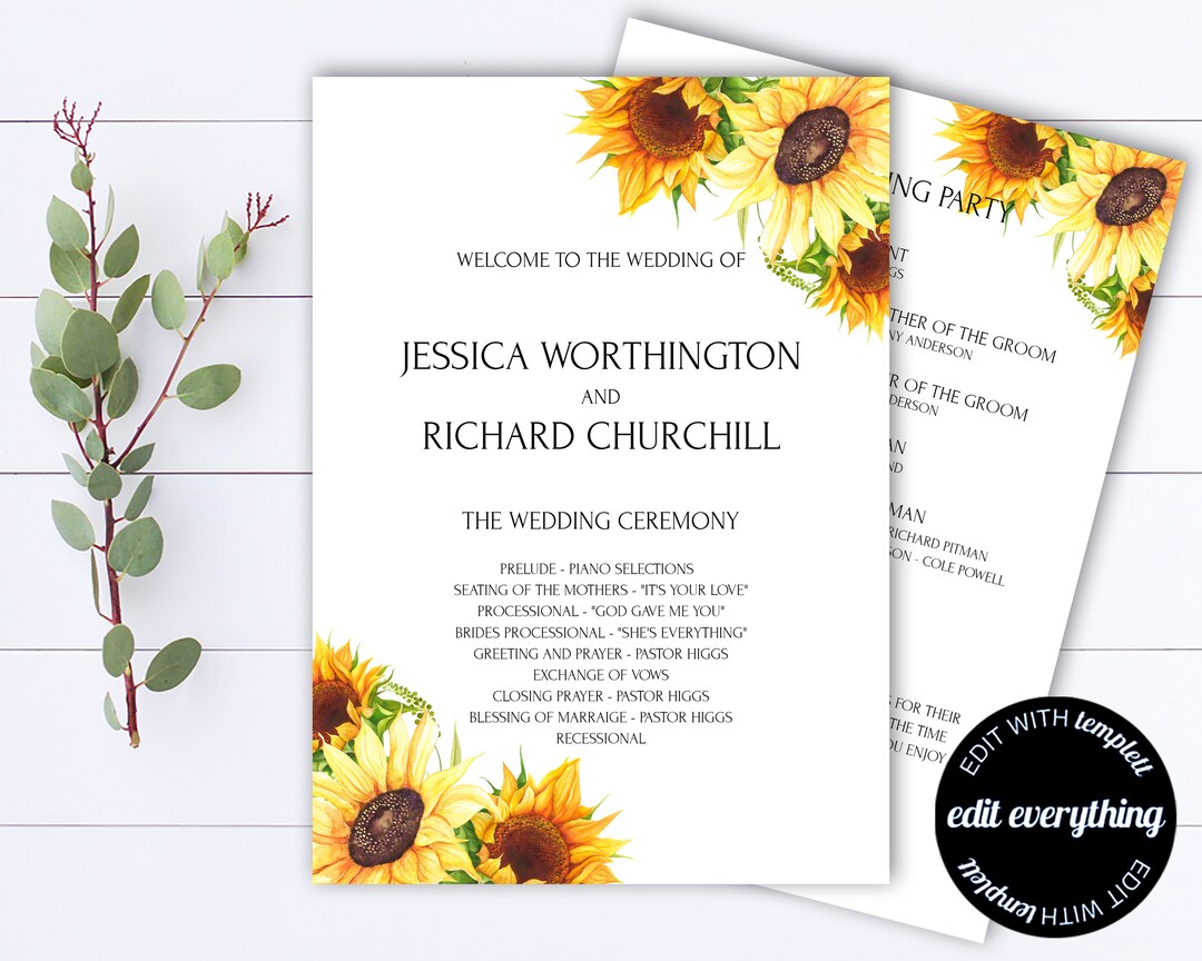 Sunflower Wedding Program Template Sunflower Floral Program Floral ...
