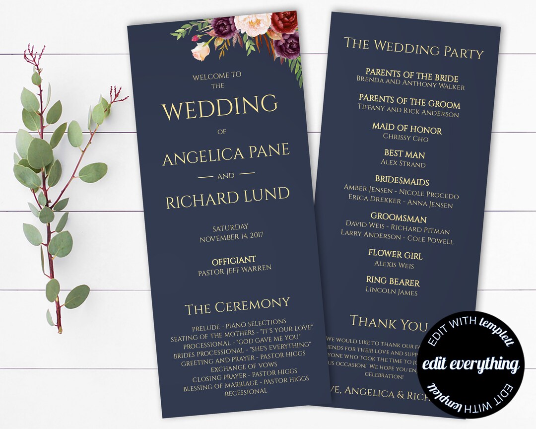 Floral Navy Tea Length Wedding Program Template Floral Navy Order of Service Wedding Ceremony ...