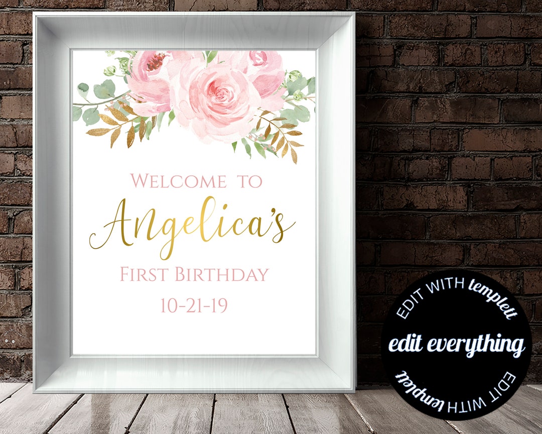 Pink Floral First Birthday Welcome Sign First Birthday Welcome Sign ...