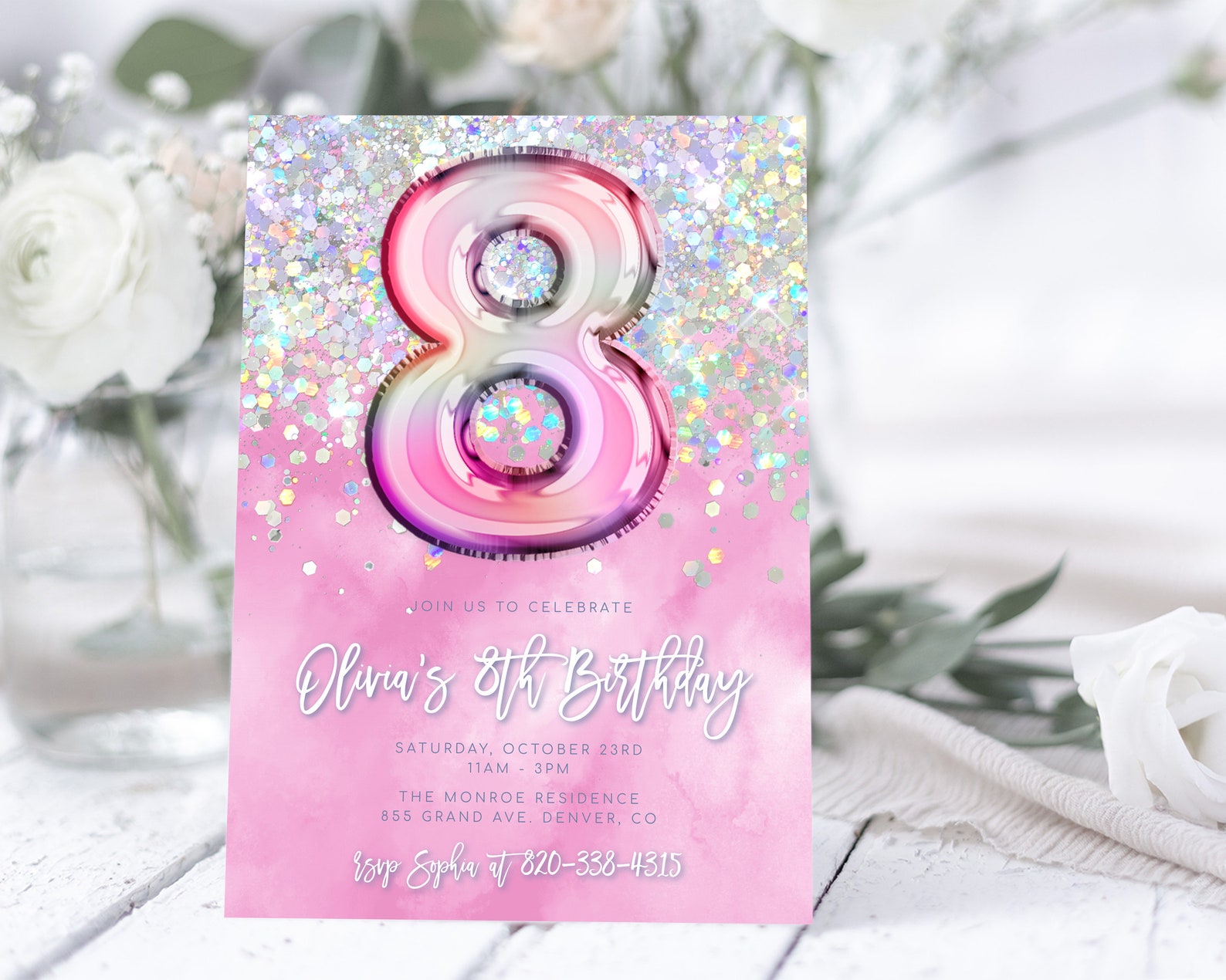 Editable Pink 8th Birthday Invitation Template Glitter Birthday Party ...