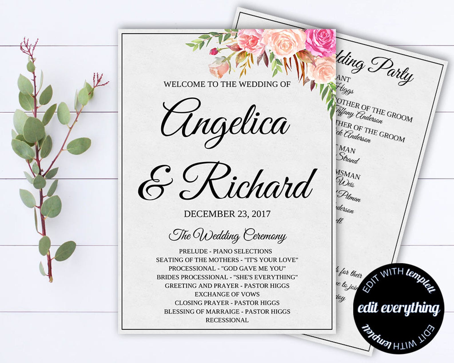 Floral Wedding Program Template Floral Wedding Ceremony - Etsy