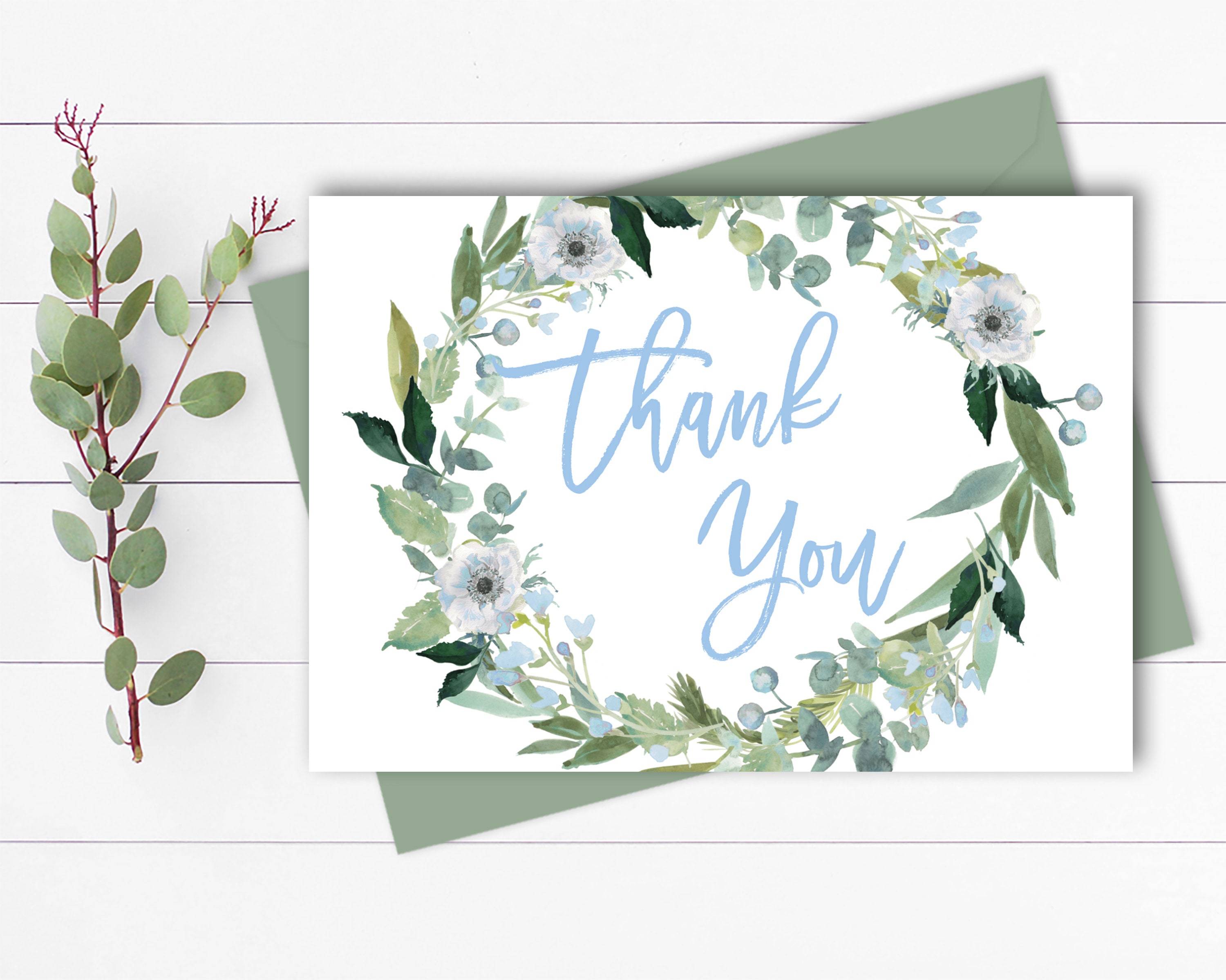 Floral Wreath Thank You Card Template Blue Floral Thank You | Etsy