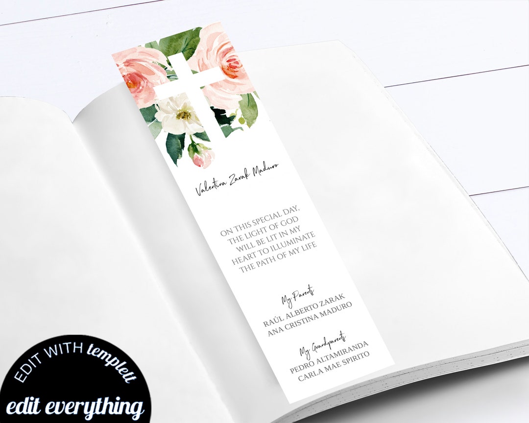 Floral Baptism Bookmark Template Baptism Printable Bookmark DIY ...