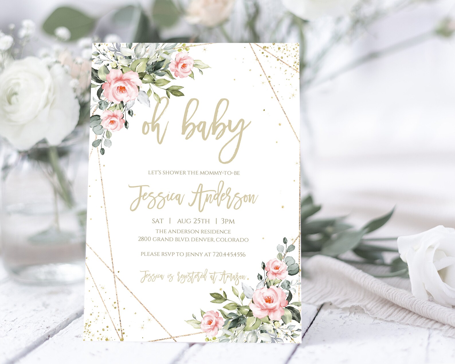Pink Floral Gold Geometric Baby Shower Invitation Floral Baby | Etsy