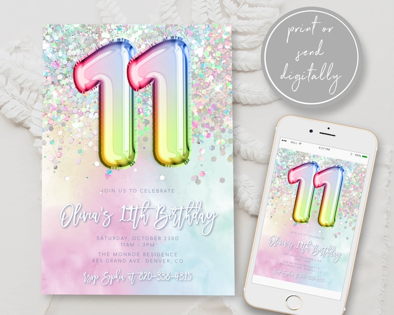 Editable 11th Birthday Invitation Template Rainbow Glitter - Etsy Australia