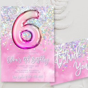 Editable Pink 6th Birthday Invitation Template Glitter Birthday Party ...