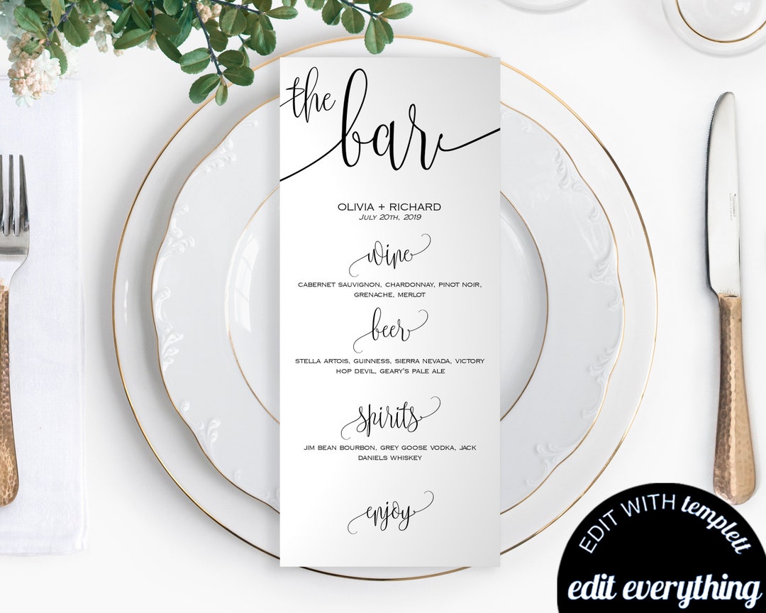 Editable Wedding Bar Menu Template Printable Wedding Bar Menu Cards Bar ...