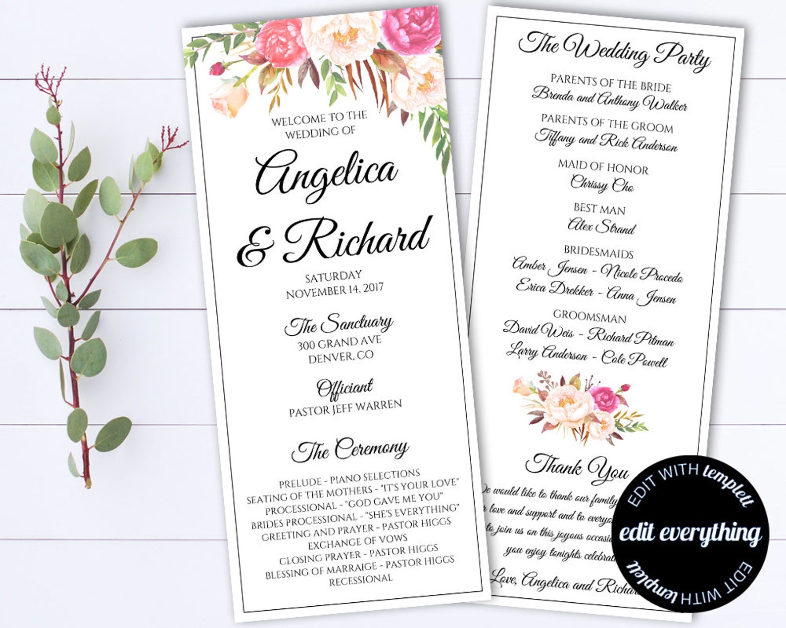 Tea Length Wedding Program Template Floral Ceremony Program - Etsy